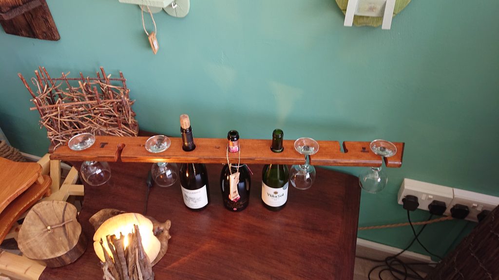 3 bottle, 6 glass repurposed pine wine display - Handmade In Cyprus